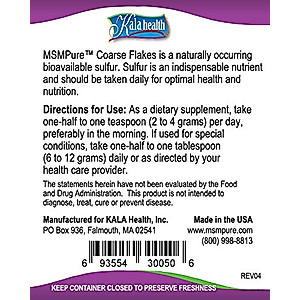 Kala Health MSMPure MSM - 10 lb Coarse Powder Flakes, 99.9% Pure Distilled Organic Sulfur Crystals for Joint Health, Skin & Hair, Made in The USA