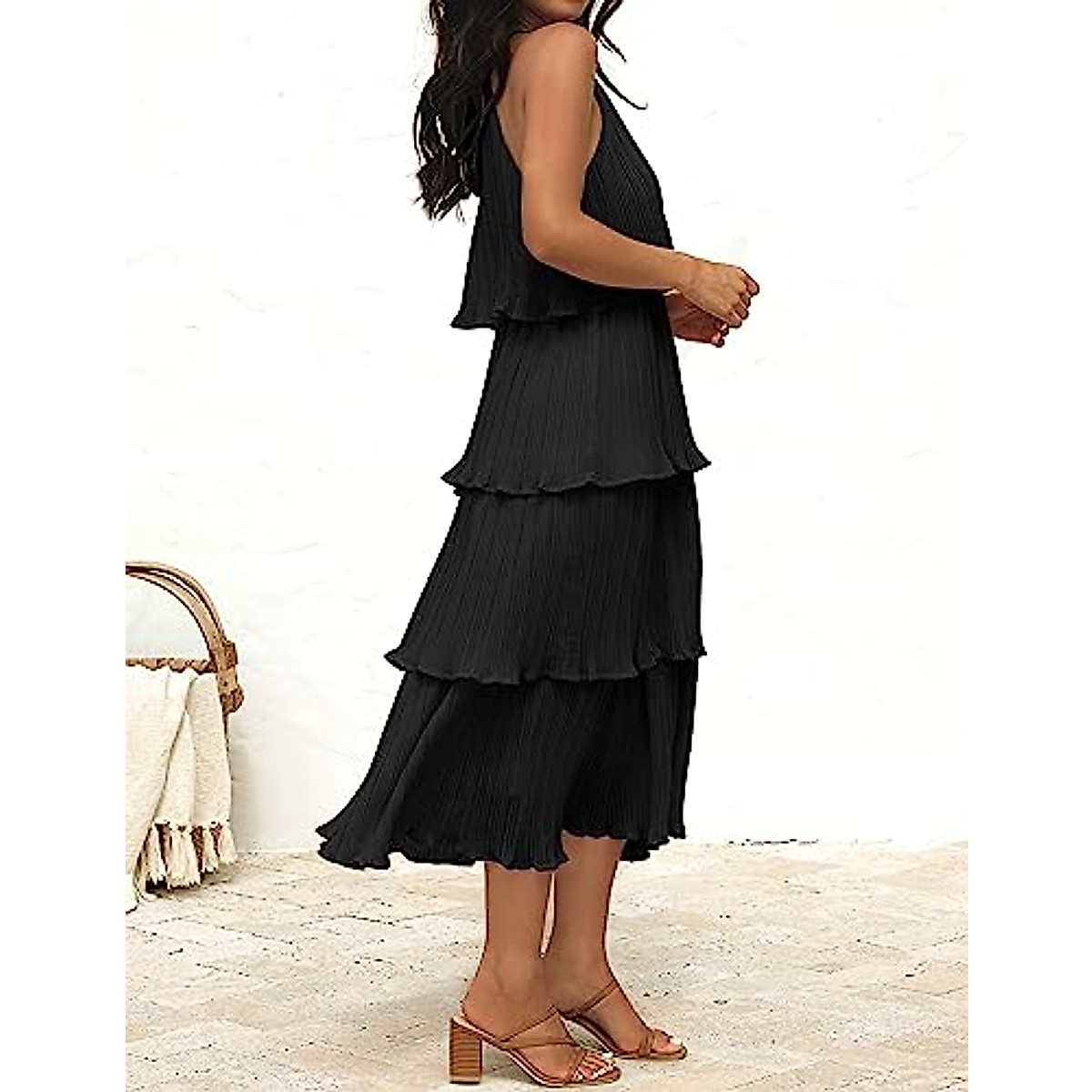 ZESICA Women's 2023 Summer Sleeveless Halter Neck Ruffle Tiered Layed Chiffon Flowy Swing Long Midi Dress,DarkBlack,Large