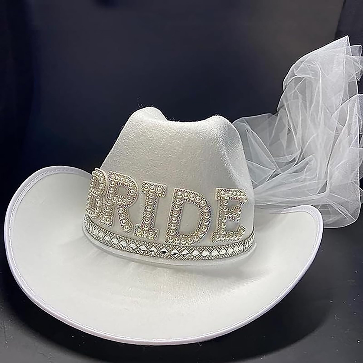 Bridal Cowboy Hat, Bronzing "Bride" Cowgirl Hat White Velvet Fur Veil Favors Women Felt Party Hat,Bachelorette Party Bride to be Gift