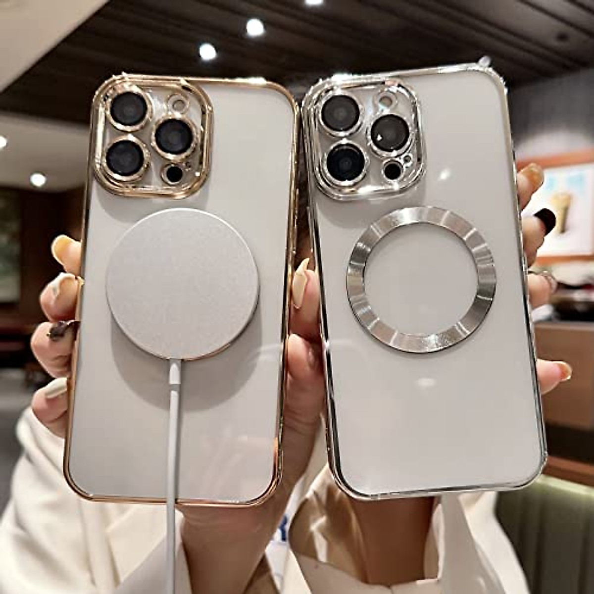 Uioeua Compatible with iPhone 14 Pro Max Magnetic Clear Case,Luxury Plating Bling Transparent Shockproof MagSafe Case with Full Camera Lens Protector for iPhone 14 Pro Max Women Girl Men-Sky Blue