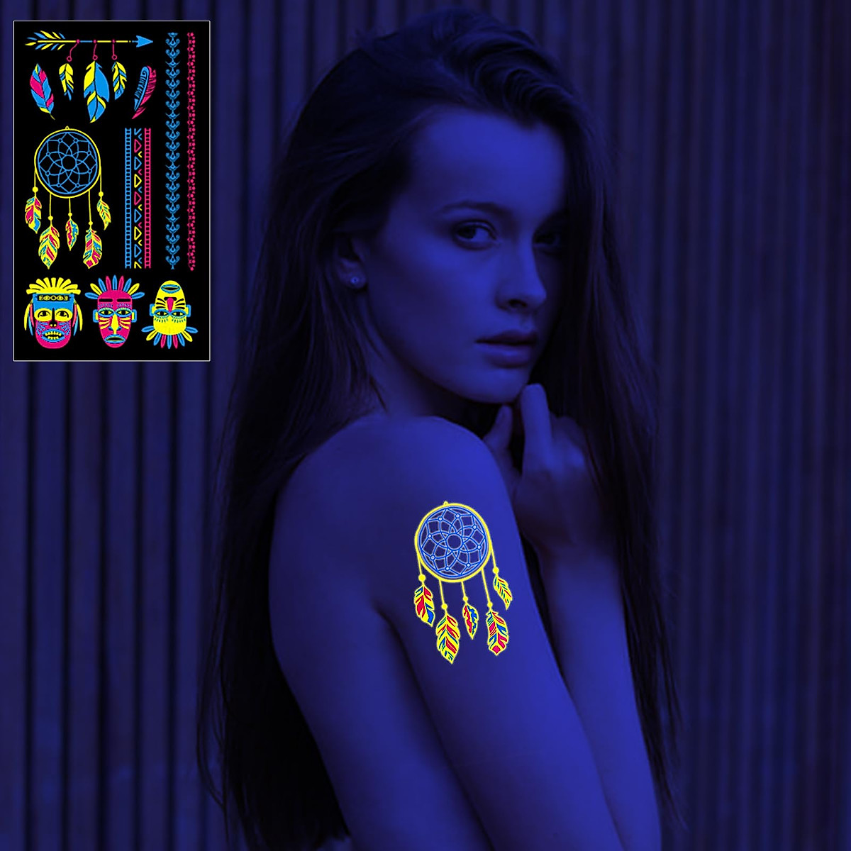 Glow in The Dark Temporary Tattoos 20 Sheets UV Neon Blacklight Tattoos, Body Face Paint Fake Glow Party Supplies Tattoos Stickers for Aldult Women Men Teen Girl