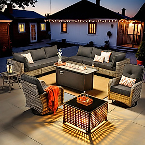 HOOOWOOO Outdoor Patio Furniture Set with Fire Pit Table,11 Pieces Wicker Out Door Sectional Furniture L Shaped Couch,Outside Patio Conversation Sets Swivel Chair,Black