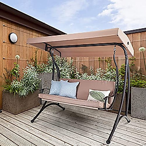 PHI VILLA 3-Seat Porch Swing with Canopy,Outdoor Swing with Removable Cushion,Patio Swing Chair/Bench for Porch, Garden, Poolside, Balcony, Backyard,Alloy Steel Frame,Brown