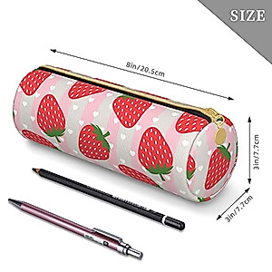 DCARSETCV Pink Strawberry Pencil Case Cute Pen Case Cylinder Leather Pencil Pouch Office Pencil Box Bag Gifts For Adults Teen School Girls Boys