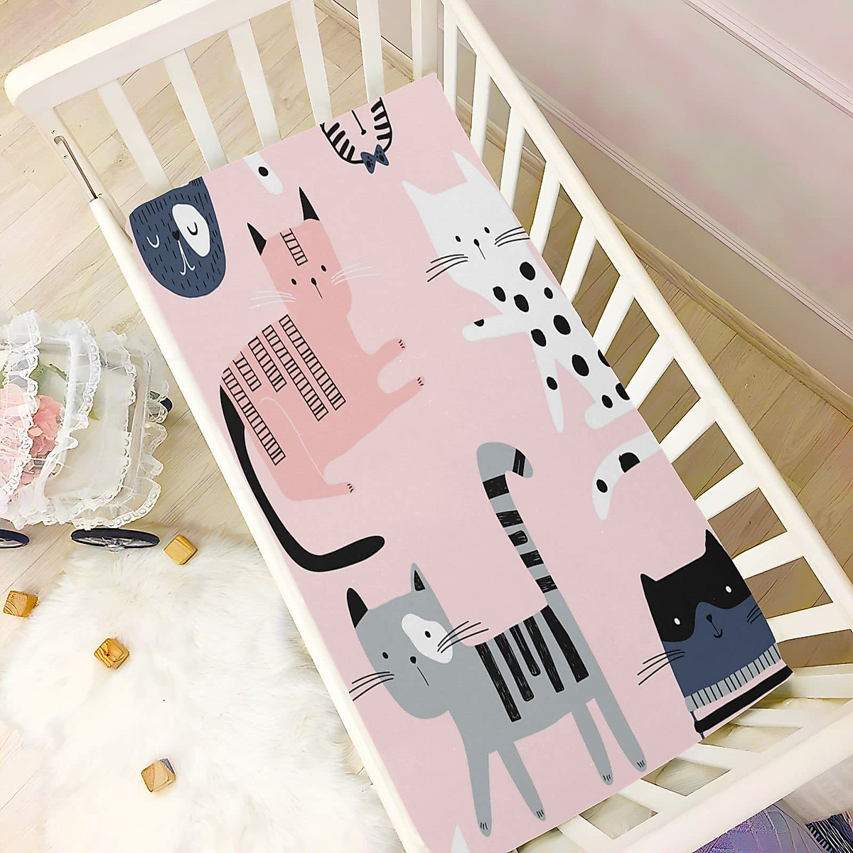 Blueangle Fitted Crib Sheet Cute Colorful Kittens Baby Sheets for Standard Crib Toddler Mattress Cover, Soft Microfiber Breathable Mattress Cover for Boys and Girls（159）