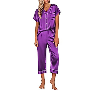 Ekouaer Satin Pajamas Set for Women Button Front Silk Sleepwear Short Sleeve V Neck Loungewear Set Purple Pajamas Set