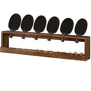 MyGift Wall Mounted Solid Burnt Wood Ping Pong Paddle Table Tennis Racket Display Rack Holder with Ball Holder Storage Shelf