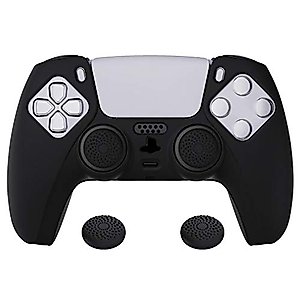 PlayVital Black Pure Series Anti-Slip Silicone Cover Skin for ps5 Controller, Soft Rubber Case for ps5 Wireless Controller with Black Thumb Grip Caps