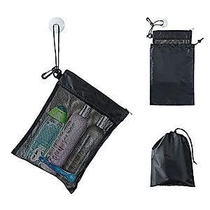 YUMA Active Shower Bag Tote, Mesh Caddy Toiletry Organizer 12”L x 9”W, Compact and Lightweight With Suction Cup, Cord for Hanging, Zipper and Drawstring Pouch 14”L x 10”W, Black