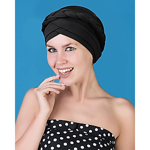 4 Pieces African Women Turban Cap Head Wraps Beaded Headscarf Beanie Wrap (Black, White, Navy, Ginger,Fresh Style)