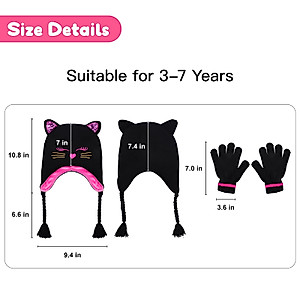 Girl Knit Cat Ear Beanie Hat and Glove Set Kids Winter Earflap with Braided Ski Skull Cap Mitten Set Age 3-7