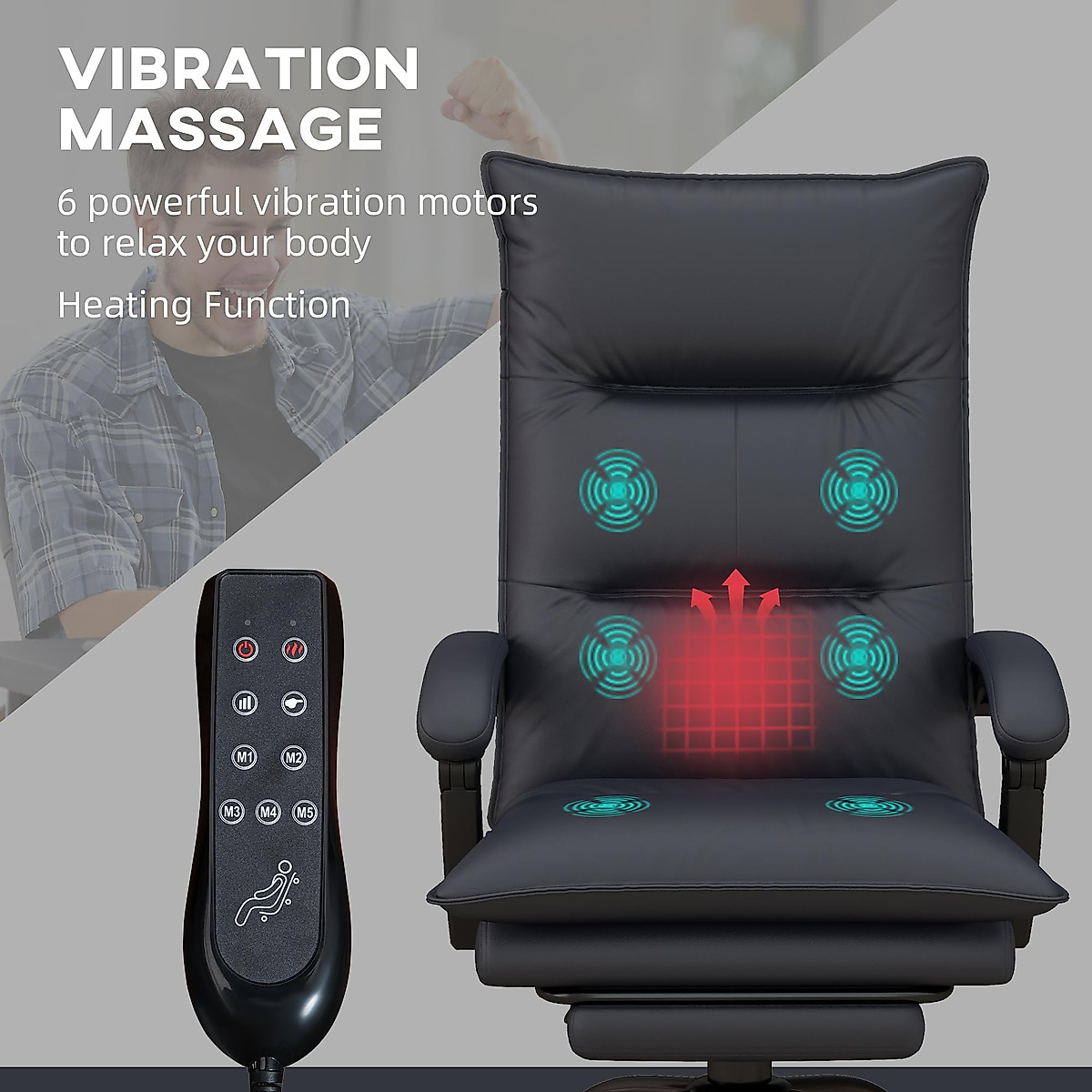 Vinsetto Executive Massage Office Chair with 6 Vibration Points, Microfiber Computer Desk Chair, Heated Reclining Chair with Footrest, Armrest, Double Padding, Charcoal Gray