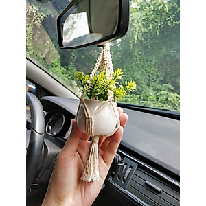 Dahey Mini Macrame Plant Car Accessories Rear View Mirrior Charm Cute Hanging Rearview Car Decor Boho Hanger with Artificial Succulent for Plant Lover, 2 Pcs, 10.5 inch, White