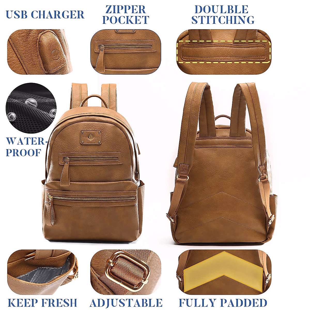 miss fong Small Diaper Bag Leather Diaper Bag Backpack Baby Diaper Bag, Baby Bag for Travel, Baby Diaper Bags, Small Diaper Bag with 7 Pockets Diaper Bag Organizer USB Charger & 2 Insulated Pockets