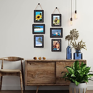 ABSWHLM 5x7 Picture Frames Rustic Wood Hanging Picture Frames 3 Opening Photo Frame Display 4"x6" Pictures with Mat or 5"x7" Without Mat, Weathered Black