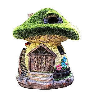 TIBLEN Solar Gnome Grass-Roof Mushroom Garden House , Outdoor Gnome House Figurine with Solar Lights, Little Garden Cottage Figurines