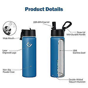 ARTSO 24oz Stainless Steel Insulated Water Bottle with Straw & Two Lids,Double Walled Vacuum Insulated Leak Proof Hot Cold Water Bottles, Cobalt