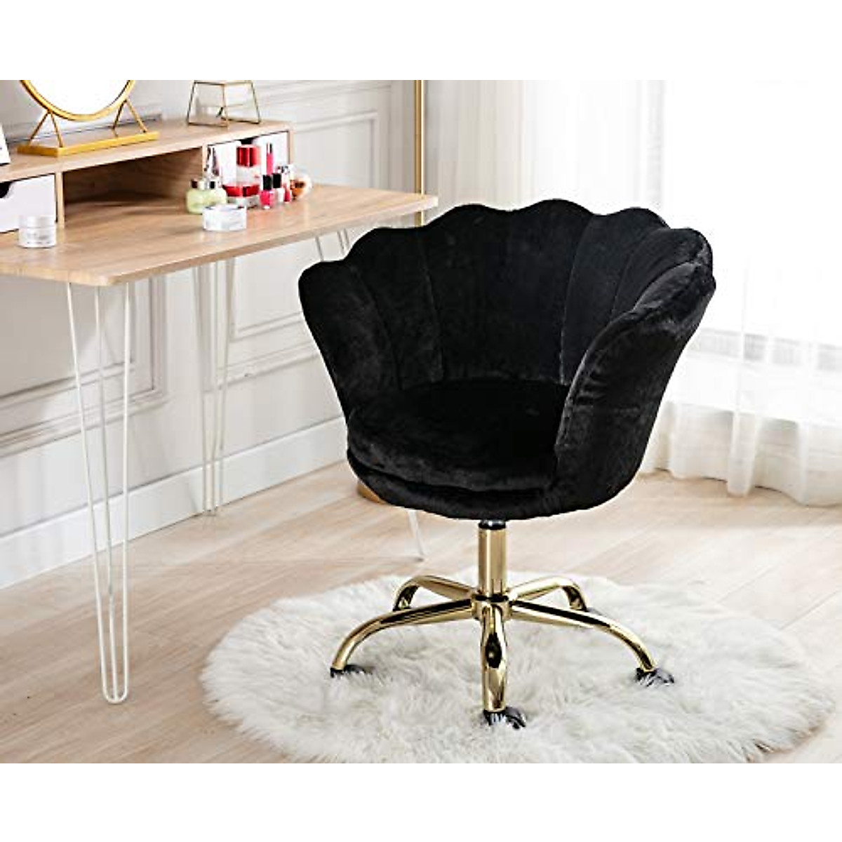 Kmax Office Desk Chair, Fur Makeup Arm Chair Gold Base, Black