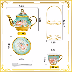 20 Pieces Porcelain Tea Set With Metal Holder, European Ceramic tea set for adults,Flower Tea Set,Tea Set For Women With Flower Painting (Large version, Green)