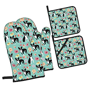 Florals Boston Terrier Dogs Oven Mitts and Pot Holders Heat Resistant 4 Pcs Sets Waterproof Non-Slip for BBQ Cooking Baking Grilling