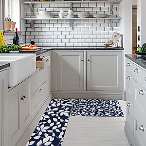 Carosoffe White Leaf Kitchen Rug 2 PCS, Non-Slip Soft Absorbent Standing Mats for Kitchen Bathroom Living Room Laundry Room Runner Rug Set Spring Botanical Silhouette Navy Blue 20x31.5+20x47