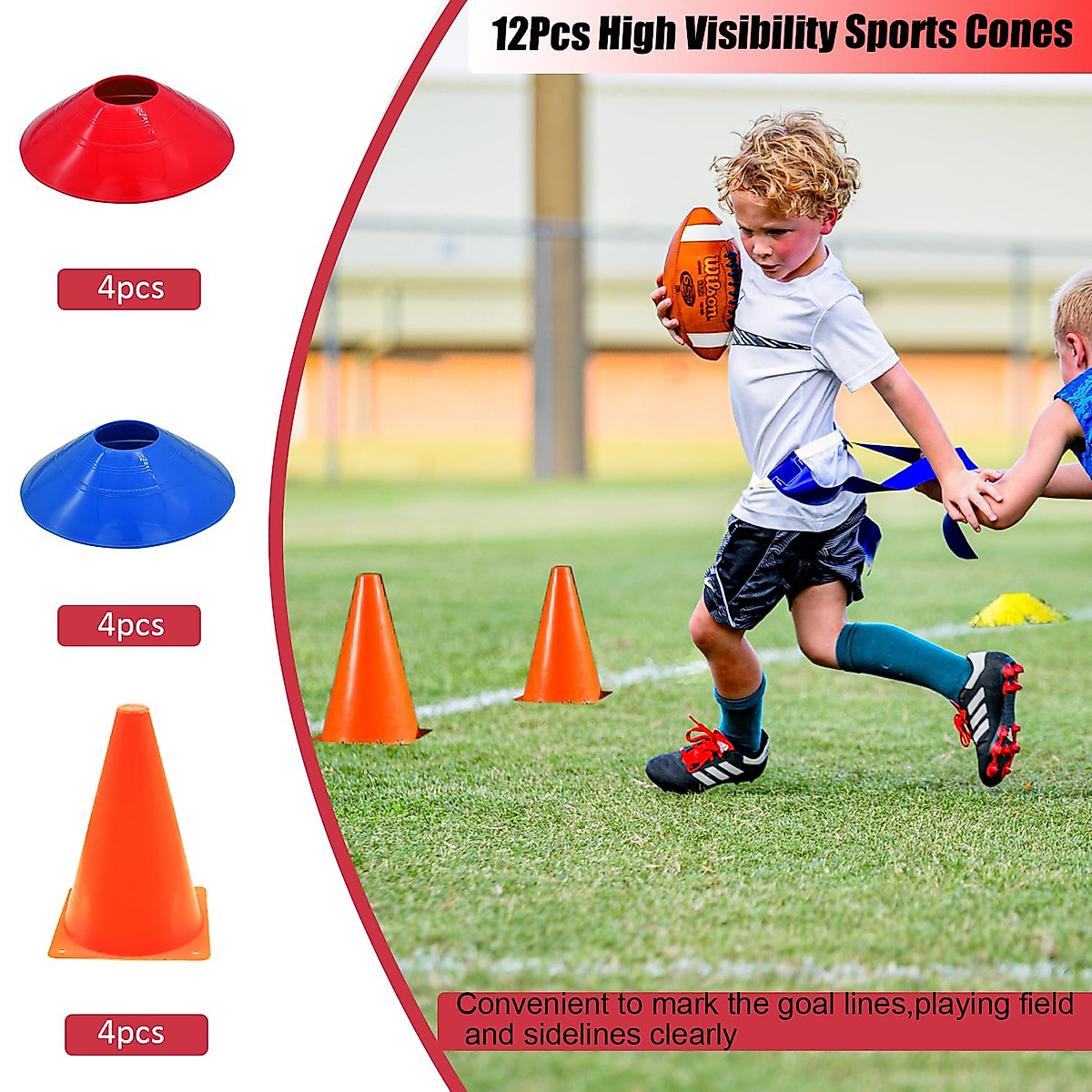 Flag Football Set, 14 Player Football Flags and Belts Set, Includes 14 Belts, 28 Football Flags, 4 Cones, 8 Disc Cones (14 Players)