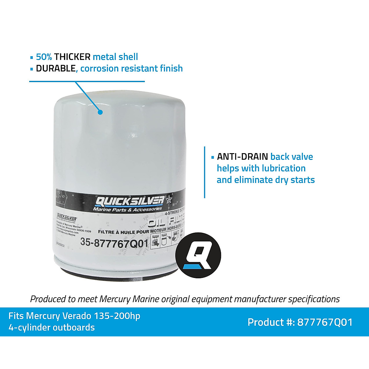 Quicksilver 877767Q01 Oil Filter for Verado in-Line 4-Cylinder 135-200 HP Outboards