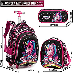 Egchescebo School Bags Kids Rolling Unicorn Backpack for Girls Luggage Suitcase With Wheels Trolley Wheeled Backpacks Travel Bags 3PCS Cat Backpack With Lunch Box Red…