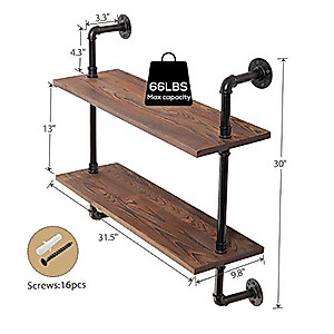 Pipe Floating Shelves, 2-Tiers Industrial Pipe Wall Shelves Bookshelf, Rustic Wall Mount Corner Shelf with Metal Frame, Storage Shelves for Bathroom, Bedroom, Kitchen, Living Room