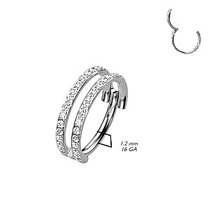 Pierced Owl 16GA G23 Implant Grade Titanium CZ Crystal Paved Double Hoops Hinged Segment Ring (Silver Tone)