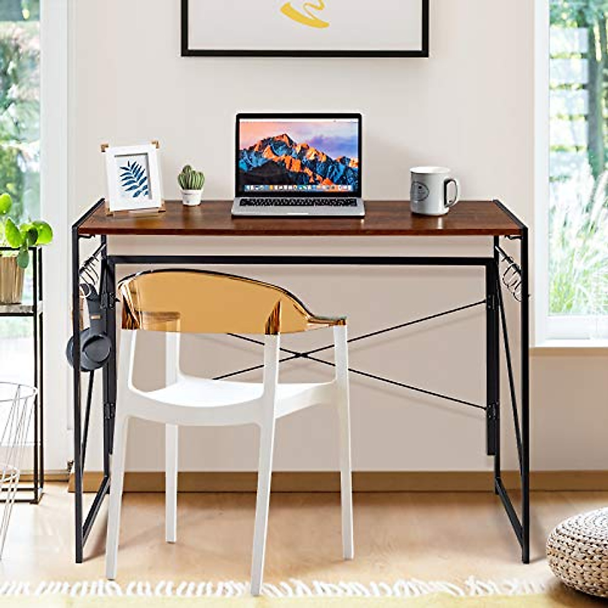 Tangkula Folding Computer Desk, Study Writing Desk with 6 Hooks, Modern Simple PC Laptop Desk with Sturdy Metal Construction, Space Saving Writing Table for Home Office (Brown)