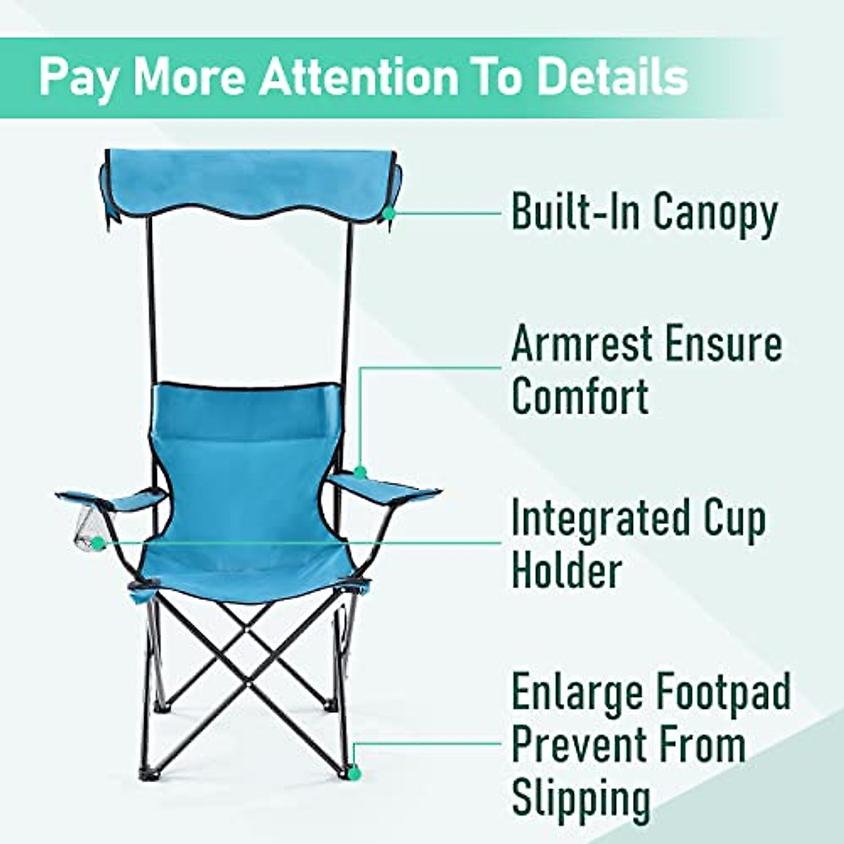 rotinyard Folding Camping Chair with Canopy Shade for Adults, Portable Beach Chairs with Umbrella Support 330 lbs, Heavy Duty Lawn Chair with Cup Holder for Outdoor Fishing Picnic Garden Sports Patio