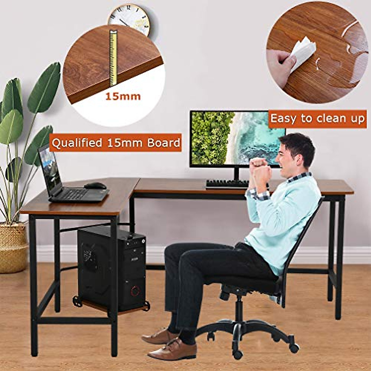 Computer Desk Gaming Desk Office L Shaped Desk PC Wood Home Large Work Space Corner Study Desk Workstation (Brown)