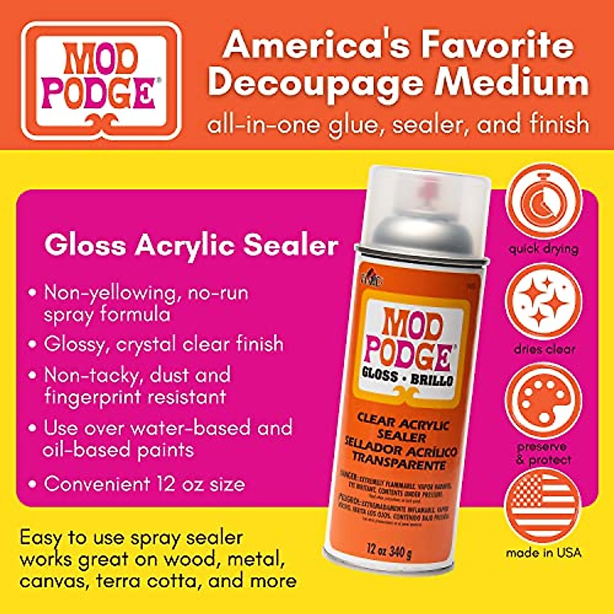 Mod Podge Spray Acrylic Sealer that is Specifically Formulated to Seal Craft Projects, Dries Crystal Clear is Non-Yellowing No-Run and Quick Drying, 12 ounce, Gloss