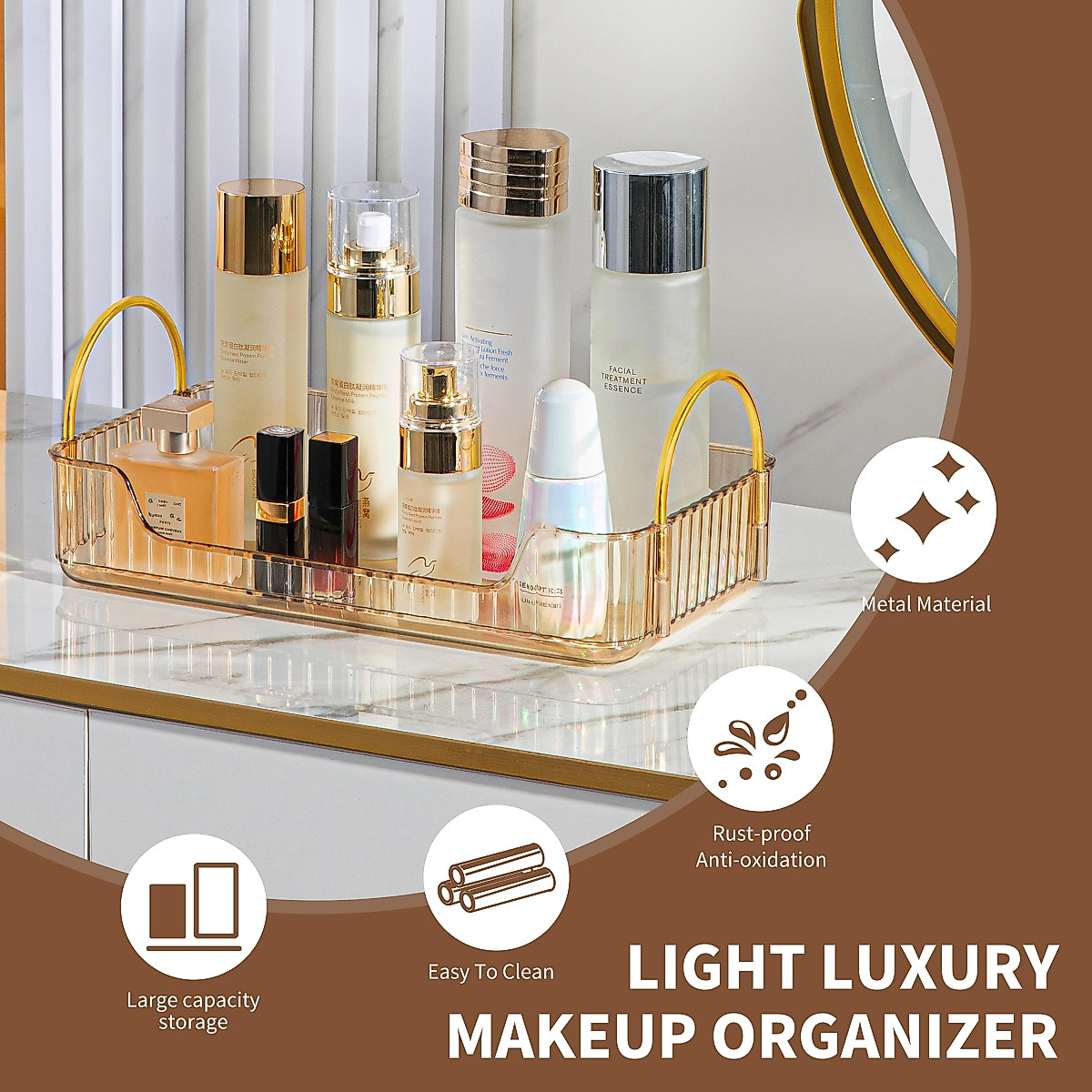 Bathroom Organizer Countertop, Vanity Trays for Bathroom, Skincare Makeup Organizer Tray, Vanity Organizer, Bathroom Counter Organizer for Cosmetics, Toiletries, Lotions, Perfumes (1 Tier, Amber)