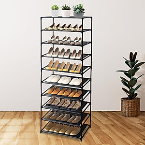 LCyindu Tall Shoe Rack 10 Tiers Narrow Shoe Shelf, 27-30 Pairs of Shoes and Boots Organizer, Black Metal Stackable Shoe Cabinet Space Saving for Entryway, Closet, Bedroom, 23" D x 10.9" W x 61.8" H