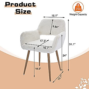 HomVent Modern Faux Fur Vanity Chair Elegant White Furry Makeup Desk Chairs for Girls Women Comfy Fluffy Arm Chair with Wood Metal Legs Cute Desk Chair for Bedroom Living Room Home Office Makeup