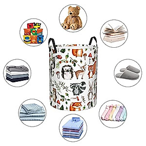 Woodland Animals Watercolor Bear Deer Squirrel Owl Mushroom Laundry Hamper With Handle Foldable Durable Laundry Basket Storage Bin Dirty Clothes Organizer Bag For Bedroom Bathroom Nursery