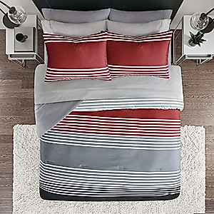 Comfort Spaces Full Comforter Sets with Sheets - Bed in a Bag 9 Pieces Teen Bedding Sets Full, Red and Grey Stripes Bedding Full, College Full Bed Set with 2 Side Pockets Bedroom Organizer