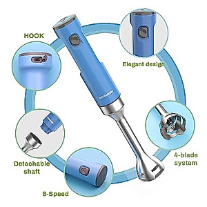 Cordless Hand Blender, OUTRONSM Immersion Blender Rechargeable, with Charging Cable, 500ml Chopper, 600ml container, Egg Whisk, for Smoothies, Milkshakes, Baby Food and Soups – Blue
