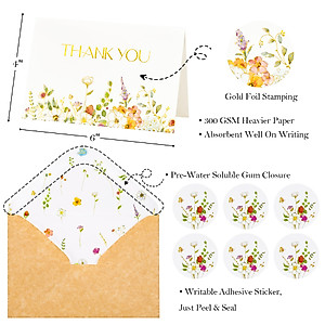Crisky Gold Foil Wildflower Thank Cards with Envelopes 50 Pack bulk 4x6 Inch Kraft envelopes Flower Greeting Cards with Envelopes For Baby Shower, Wedding, Bridal Shower, Graduation