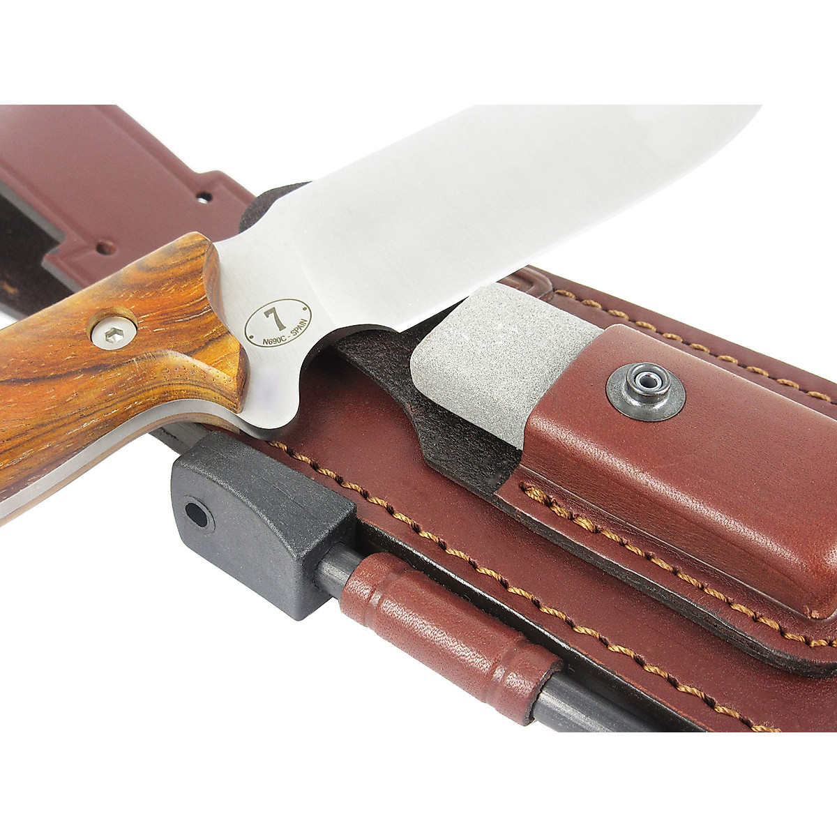 JEO-TEC Nº7 Bushcraft Survival Hunting Tactical Knife - BOHLER N690C Stainless Steel, Multi-positioned Leather Sheath, Sharpener Stone & Firesteel Included - Handmade