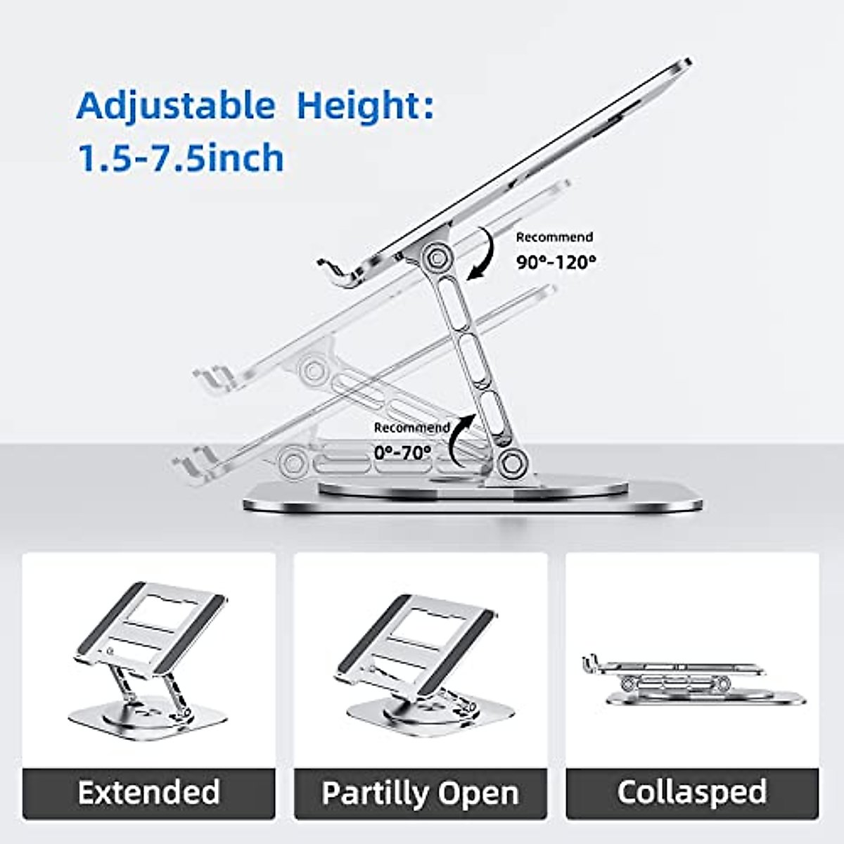 MCHOSE Adjustable Laptop Stand for Desk, Ergonomic Laptop Riser with 360° Rotating Base, Foldable Notebook Computer Holder Stand Compatible with MacBook Air Pro, Dell XPS, More 10-17" Laptops, Silver