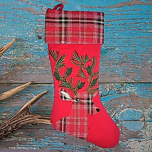 Deer Christmas Stockings for Rustic Cabin Camp Lodge Decor - 18" Embroidered Reindeer, Holiday Red Plaid