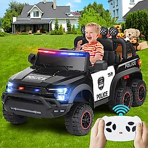 JOYLDIAS Kids Ride On Police Car, 12V Battery Powered Electric Cars W/2.4G Remote Control, 6 Wheels, Real Tailgate, Spring Suspension, LED Flashing Lights, Megaphone Siren Music & Horn Intercom