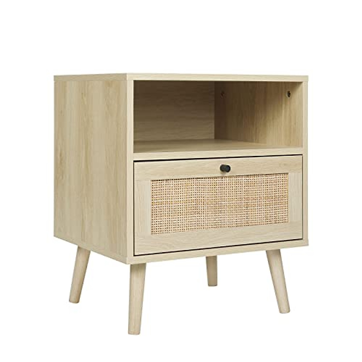 Rattan Nightstand with Drawer and Open Storage Shelves, Wood Finish End Table, Accent Side Table for Living Room, Bedroom