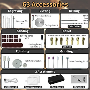 63pcs Cordless Rotary Tool, Mini Power Rotary Tool, 5-Speed and USB Charging 3.7V Rotary Tool Kit with 62 Accessories for Sanding, Polishing, Drilling, Etching, Engraving, DIY Crafts 1