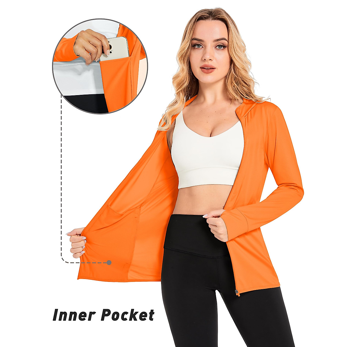 MAGCOMSEN Long Sleeve Hooded Jacket for Women SPF 50 Sun Shirt Performance Hoodie with Pockets Running Active Wear, Orange, L