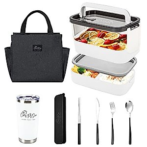 PVSpro JUST FOR YOU Bento Box Set with Insulated Tote, Mug & Cutlery Set, Stackable Bento Box for Lunch, Bento Kit Lunch Box with Handle, Large Bento Lunchbox Container, Japanese Bento (White)