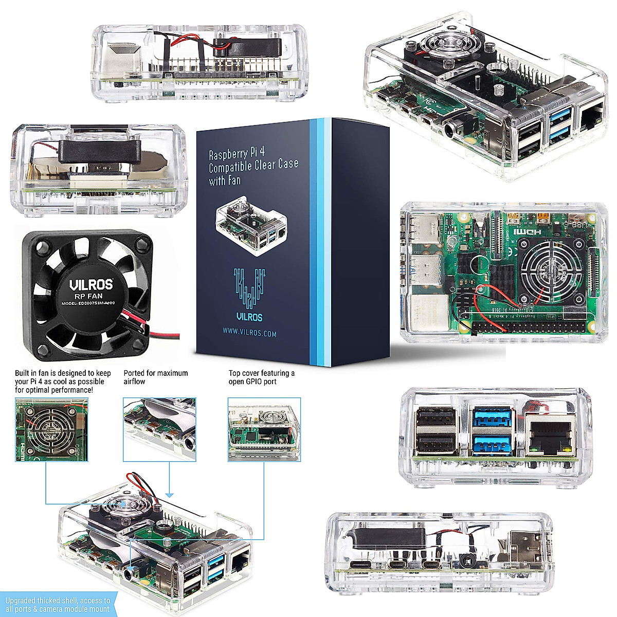 Vilros Basic Starter Kit for Raspberry Pi 4 with Fan Cooled ABS Case Includes Raspberry Pi Board and 7 Accessories (1GB, Clear Transparent Case)